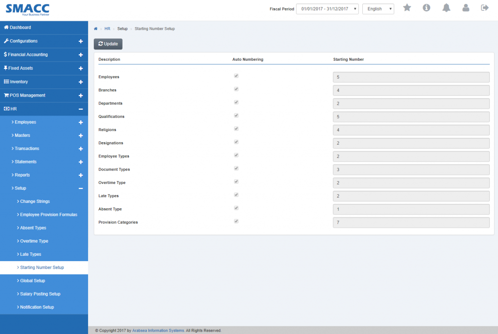 Starting Number Setup - HR -SMACC Accounting Software