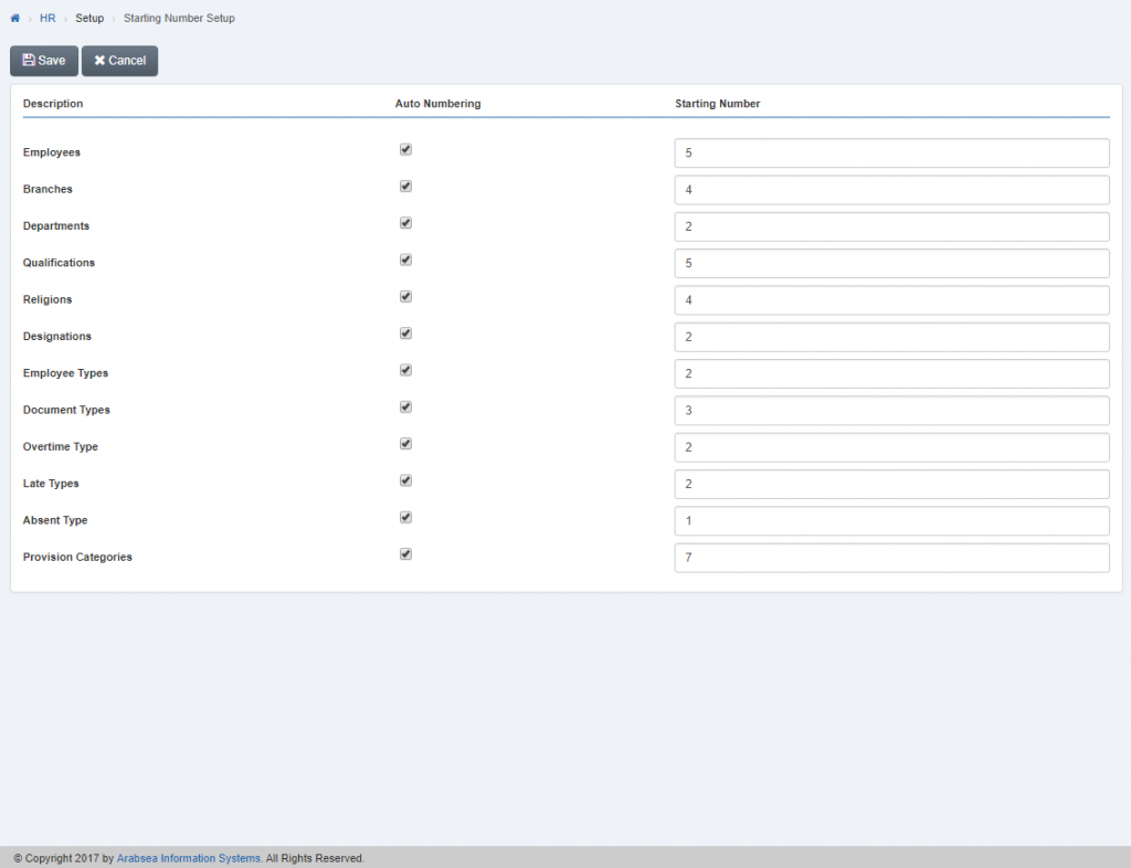 Starting Number Setup - HR -SMACC Accounting Software