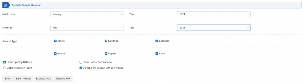 Accounts Analysis Statement - SMACC Accounting Software Documentation