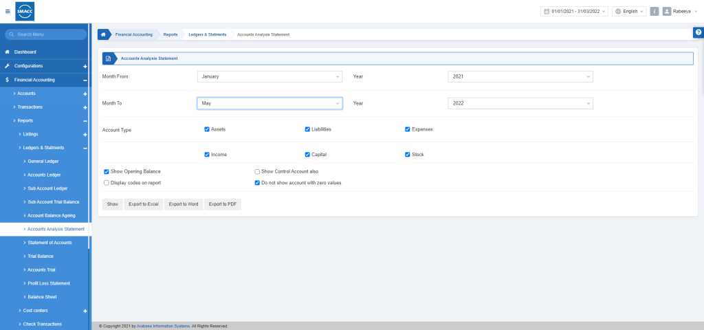Accounts Analysis Statement - SMACC Accounting Software Documentation