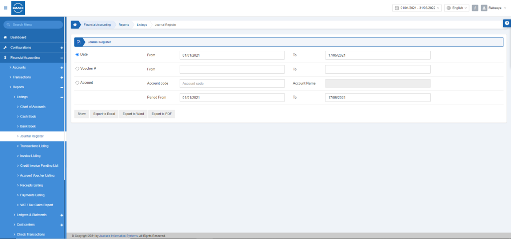 Journal Register - SMACC Accounting Software Documentation
