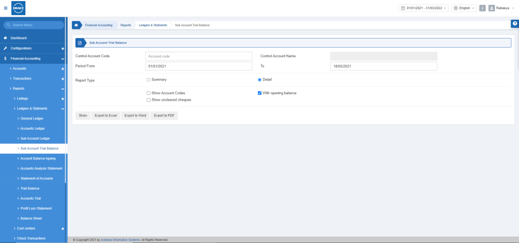 Sub Account Trial Balance - SMACC Accounting Software Documentation